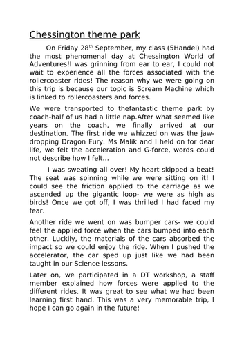 Y5 example recount- modelled a recount for our Chessington theme park ...