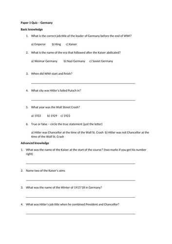 AQA GCSE Germany 1890-1945 Pre-exam revision quiz WITH ANSWERS ...