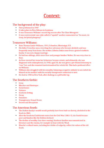 A Streetcar Named Desire - Context Revision Sheet | Teaching Resources A Streetcar Named Desire - Context Revision Sheet | Teaching Resources