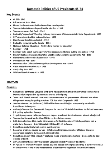 A* A-LEVEL HISTORY NOTES DOMESTIC POLICIES OF US PRESIDENTS | Teaching ...