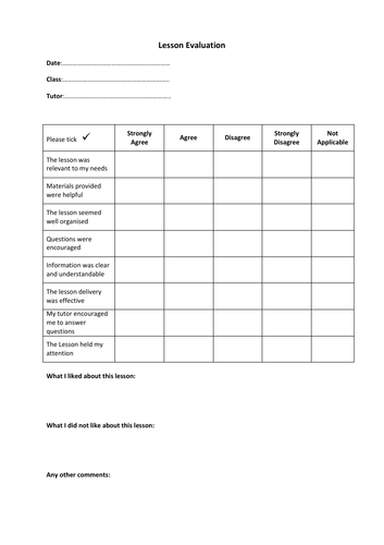 Lesson Feedback Evaluation Form by sarahnilidster | Teaching Resources