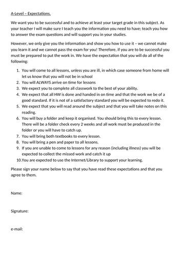 expectations document to be signed by all A Level students | Teaching ...