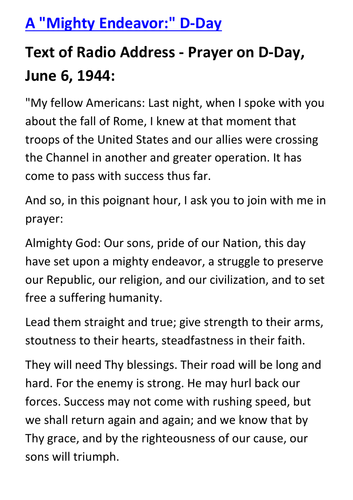 A Mighty Endeavor FDR Prayer D-Day Handout | Teaching Resources