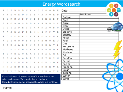 5 x Energy Wordsearch Sheet Starter Activity Keywords Cover Homework ...