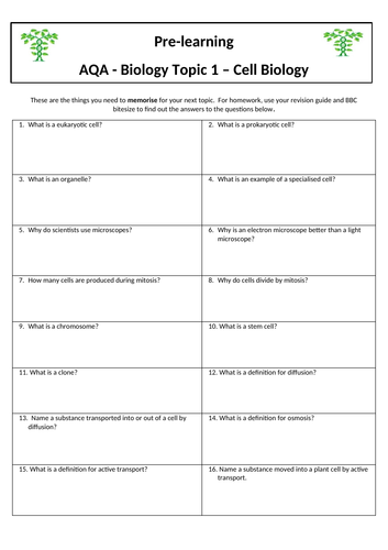 AQA BIOLOGY CELL BIOLOGY PRE LEARNING QUIZ/CHECKLIST | Teaching Resources