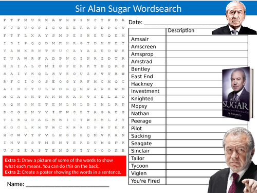 Sir Alan Sugar Wordsearch Sheet Starter Activity Keywords Cover ...
