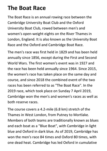 The Boat Race Handout | Teaching Resources