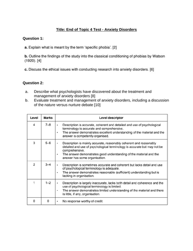 9990 CIE Y13 End of Topic Test: Anxiety Disorders (Topic 4 Psych and ...