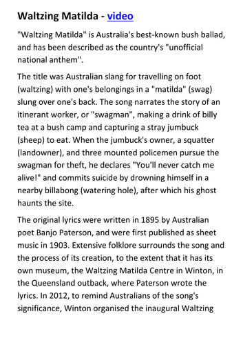 Waltzing Matilda Handout | Teaching Resources