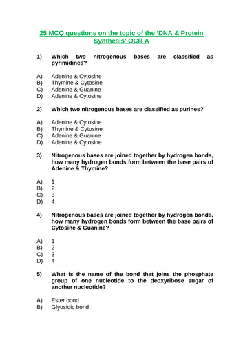 Nucleic Acid Mcq Protein Synthesis Questions And Answers