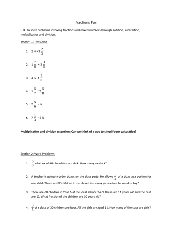 11+ Fractions Fun | Teaching Resources