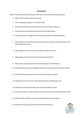 The Snowman Question Sheet | Teaching Resources