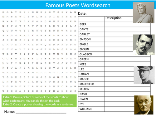 Famous Poets Wordsearch Sheet Starter Activity Keywords Cover Homework ...