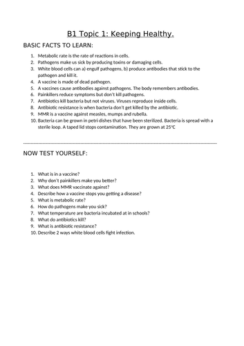 Aqa Biology Gcse Topic B1 1 Keeping Healthy Facts Short And 6 Mark Qs