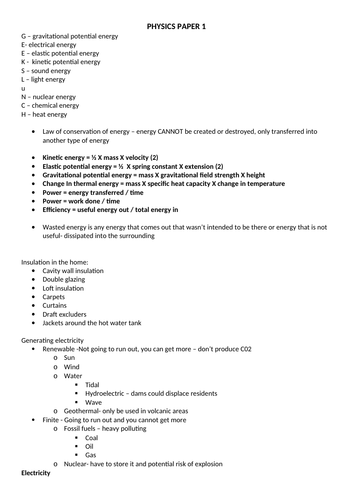 GCSE Physics paper 1 summary notes | Teaching Resources