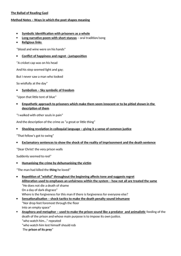 AQA Lit B Method Notes for Ballad of Reading Gaol | Teaching Resources