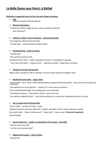 AQA Lit B La Belle Dame Sans Merci Method Notes | Teaching Resources