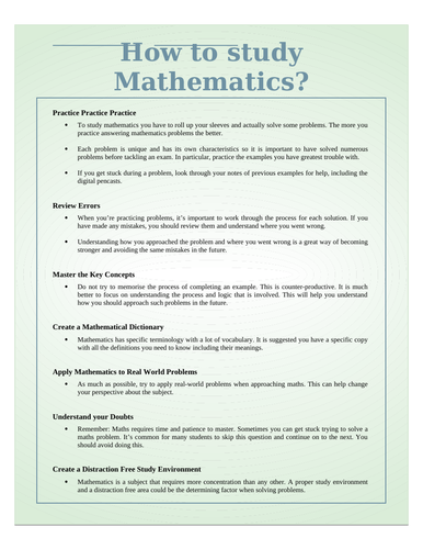 How to study Mathematics | Teaching Resources