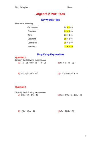 Algebra Assessment, Matching Activity, Learning Outcomes and Reflection ...