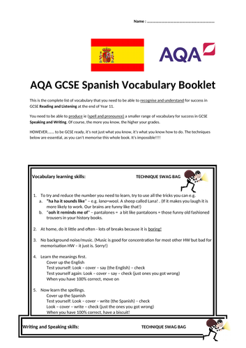 AQA GCSE Spanish Vocabulary Booklet | Teaching Resources AQA GCSE Spanish Vocabulary Booklet | Teaching Resources