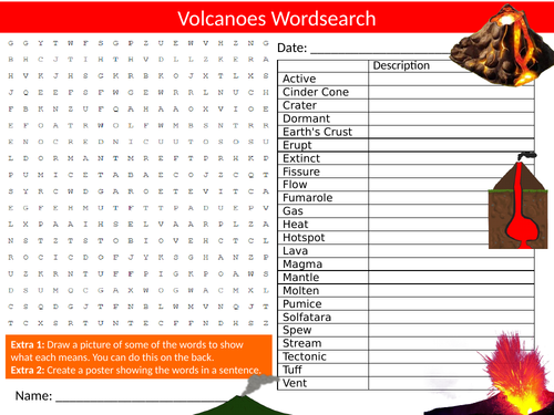 4 x Volcanoes Wordsearch Sheet Starter Activity Keywords Cover Homework ...