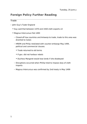 Henry VII Foreign Policy further reading notes | Teaching Resources