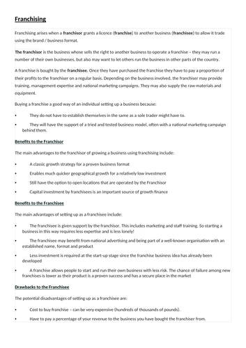 Franchising GCSE Business 9-1 Unit 1.4 | Teaching Resources Franchising GCSE Business 9-1 Unit 1.4 | Teaching Resources