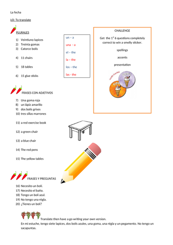 KS2 KS3 Translating Classroom Objects Worksheet | Teaching Resources