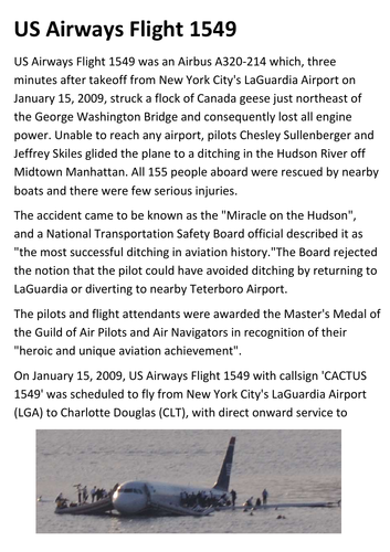 US Airways Flight 1549 - Miracle on the Hudson Handout | Teaching Resources