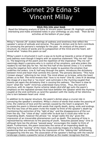 Sonnet 29 Edna St Vincent Millay | Teaching Resources