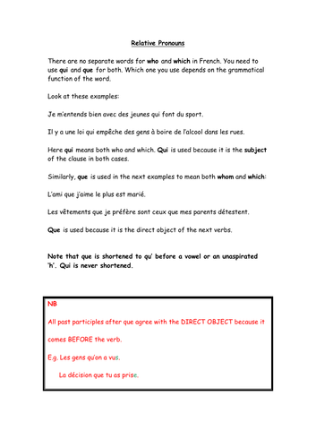Relative Pronouns Qui and Que | Teaching Resources