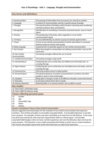 GCSE Psychology - Language, Thought and Communication Unit - Knowledge ...