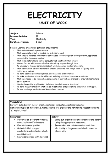 Electricity - 2 Units of Work | Teaching Resources