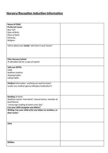 EYFS Nursery Reception Induction Form | Teaching Resources