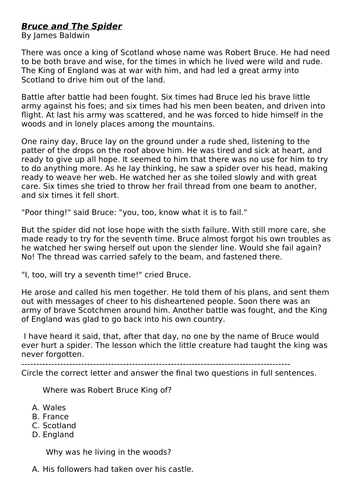 KS3 Reading Comprehension James Baldwin-"Bruce and The Spider ...