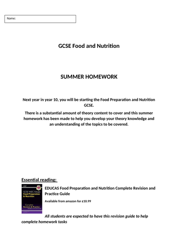 GCSE Summer Homework food and nutrition | Teaching Resources