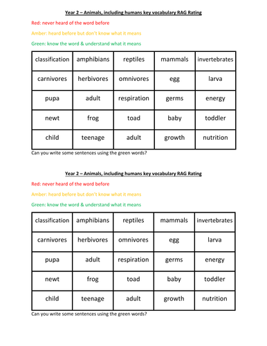 Year 2 Science RAG Rate key vocabulary | Teaching Resources
