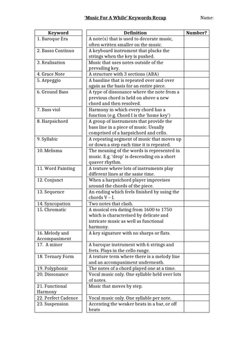 Music for a While Keyword recap | Teaching Resources