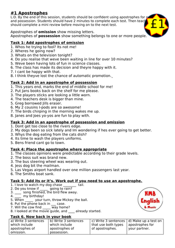 £1 lessons #1 Apostrophes | Teaching Resources