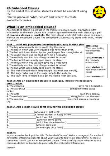 £1 lessons #6 embedded clauses | Teaching Resources