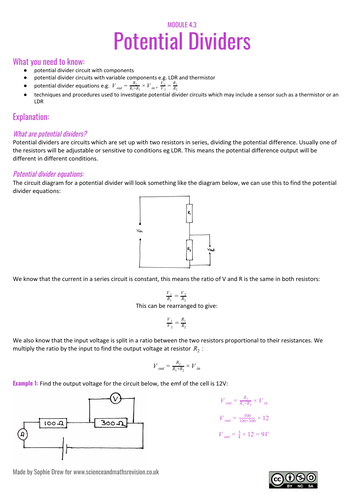 Potential dividers A Level physics sheet | Teaching Resources Potential dividers A Level physics sheet | Teaching Resources