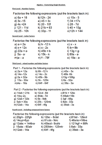 ALGEBRA - Factorising (factorizing) single bracket - DIFFERENTIATED ... ALGEBRA - Factorising (factorizing) single bracket - DIFFERENTIATED ...