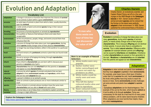 Evolution and Adaptation Charles Darwin Knowledge Organiser/ Learning Mat | Teaching Resources