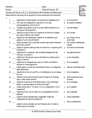 Verbs Start A, B, C End AR 1 Spanish Matching Exam | Teaching Resources