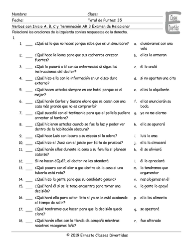 Verbs Start A, B, C End AR 3 Spanish Matching Exam | Teaching Resources