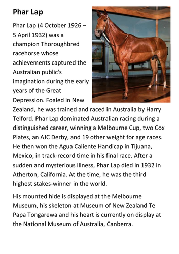 Phar Lap Handout | Teaching Resources