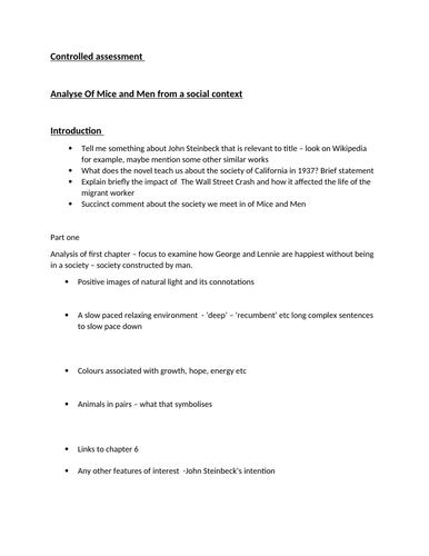 Essay plan for 'of mice and Men' | Teaching Resources