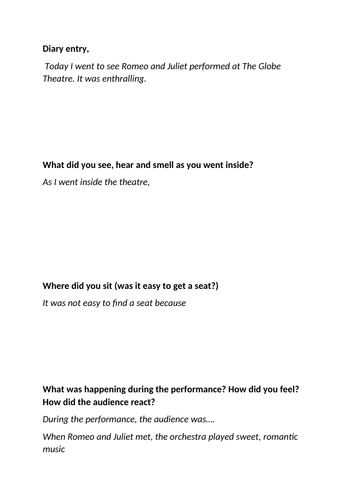 Writing a diary entry on a visit to Shakespeare's Globe Theatre ...