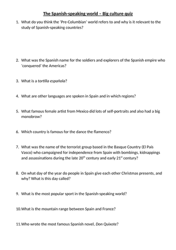 Big culture quiz Spanish-speaking world / Hispanic world quiz ...