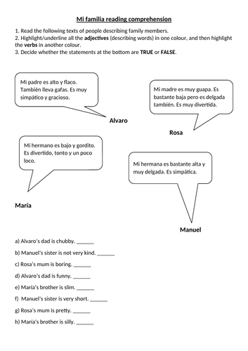 Descripciones de la familia short reading comprehension | Teaching ...